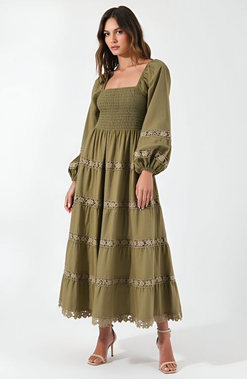 MODENAIRE Smocked Bodice Maxi Dress with Lace Inset